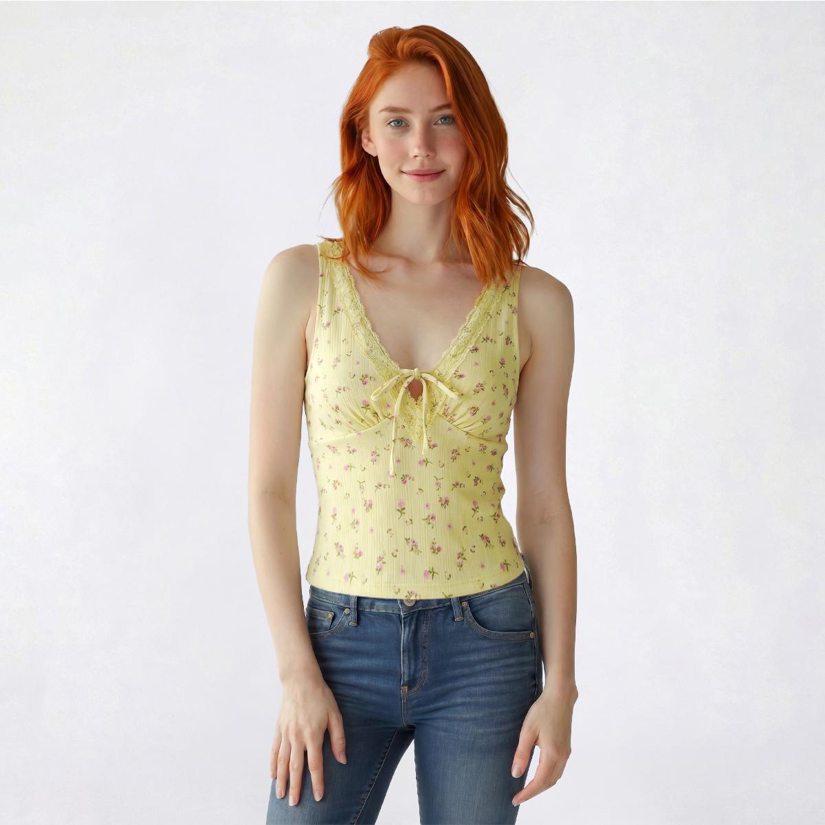 Click here for Juniors Madden Girl Floral Tie Front Lace Neck Tri... prices